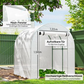 Zeleninový skleník Outsunny 180x180x200 cm Malý tunelový skleník s rolovacím dveřmi a oknem pro pěstování rostlin a květin Bílá