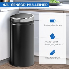 HOMCOM Odpadkový koš se senzorem 42 L, automatický odpadkový koš, nerezový kuchyňský kbelík s infračerveným senzorem, do kuchyně, jídelny