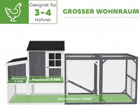 PawHut kurník pro slepice, 236,5 x 91 x 114 cm, výběh pro slepice s hnízdem, venkovní výběh, dřevěný kurník se 2 hřady, voděodolný nátěr, pro 3-4 sle…