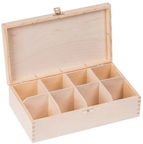 FK Dřevěná krabička na čaj s přihrádkami, se zámkem - 28x16x8 cm, Přírodní