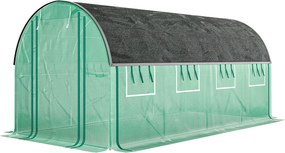 Zelený skleník Outsunny 4,5x2x2m s přídavnou krycí tunelovou plochou, rolovacími bočními stěnami, 8 síťovými okny a 2 rolovacími dveřmi – Zelený zahra