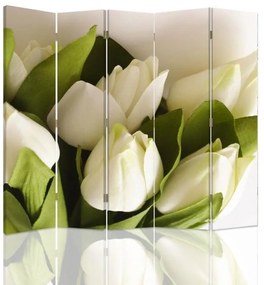 Ozdobný paraván Bílé tulipány Květiny - 180x170 cm, pětidílný, obustranný paraván 360°