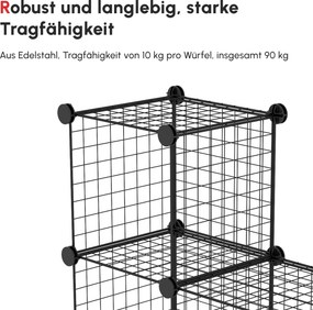 HOMCOM Regálový systém DIY z ocelového drátu, 9 přihrádek na boty, černý, do obývacího pokoje, 35x35x35cm, prostorově úsporný a moderní