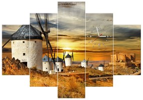 Gario Obraz s hodinami Větrné mlýny ve Španělsku - 5 dílný Rozměry: 150 x 105 cm