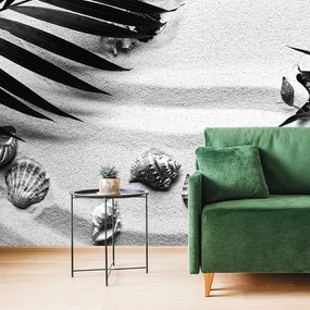 Tapeta mušle s palmovím listem černobílé - 150x100 cm