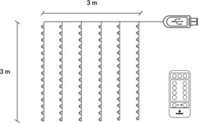 LED Nano světelný závěs - 3x3m, 300LED, 8 funkcí, ovladač, USB, IP44, studená bílá
