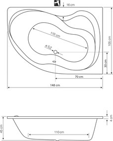 Aqualine Cidlina G3619 asymetrická vana 150 x 105 cm akrylátová pravá