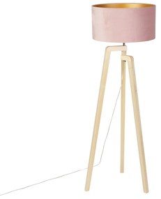 Stojací lampa stativ dřevo s růžovým sametovým odstínem 50 cm - Puros