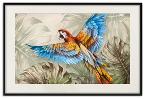 Plakát Papoušek v džungli - barevný pták uprostřed zelených listů monstery