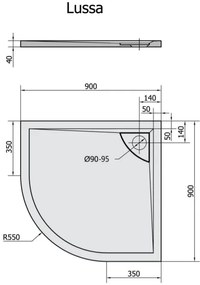 Polysan LUSSA sprchová vanička z litého mramoru se záklopem, čtvrtkruh 90x90x4cm, R550, 71602