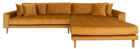 House Nordic Pohovka Lounge Sofa, pravá strana, z hořčicově žlutého sametu se čtyřmi polštáři a nohami z přírodního dřeva, HN1004