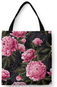 Nákupní taška Čínské pivoňky - květinový motiv v odstínech růžové na tmavém pozadí