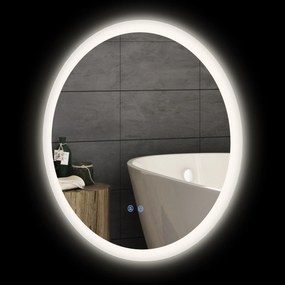 kleankin LED koupelnové zrcadlo, nastavitelná jasnost, odmlžování, dotyk, IP44, kov/sklo, Ø60 cm, bílá/stříbrná