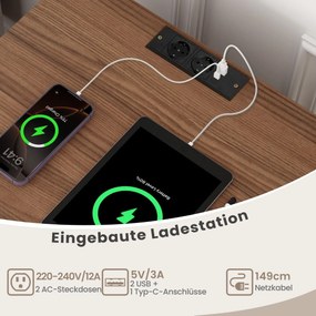 Costway Stolek na gramofon s nabíjením a přihrádkami, hnědý