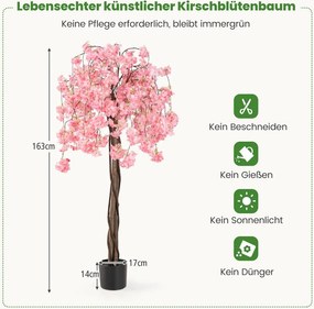 Costway Umělá třešeň v květináči Umělá květina s růžovými květy 163 cm