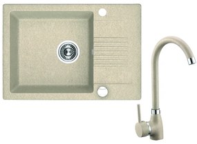 Laveo Ceilia, 1-komorový granitový dřez 650x440x185mm + vysoká dřezová baterie, béžová, LAV-SJCG413T