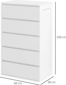 HOMCOM Komoda s 5 šuplíky - Moderní Stylový Úložný Prvek s Hladkým Uzavíracím Mechanismem pro Ložnici, Obývací Pokoj - 60 x 38 x 100 cm, Bílá
