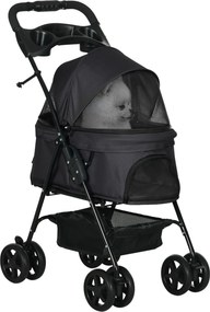 Skládatelný kočárek PawHut pro malé psy s univerzálními koly, úložným košíkem, bezpečnostními pásy a oknem, nosnost 15 kg, 67x45x96 cm, černý | Aosom