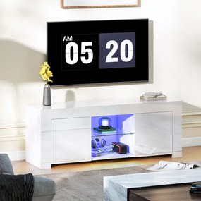 HOMCOM TV skříňka s LED osvětlením, 2 dveře skříně, skleněná police, otvory pro kabely, do obývacího pokoje, dřevotříska, bílá