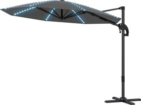 Outsunny Hliníkový Slunečník s Bočním Stojanem LED Solární Ø300cm Výškově Nastavitelný Slunečník s Kličkou UV50+ Voděodolný 360° Otočný Tržišní Sluneč