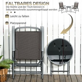 Outsunny 3dílná kovová bistro souprava odolná vůči povětrnostním vlivům se skládacím skleněným stolem, zahradní židle, venkovní nábytek na balkon