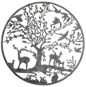 Nástěnná kovová dekorace stromu v kruhu se zvířátky - Ø 60*2 cm