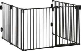 PawHut Bezpečnostní Bariera na Krb Modrý Ochranný Oplocení pro Domácí Zvířata Modulární Skládací 6 Panelů s Dveřmi Bez Vrtání 362,5 x 76 cm Černá