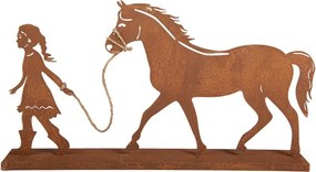 Rezavá kovová dekorace dívka s koněm Brocante rust - 42*7*22 cm
