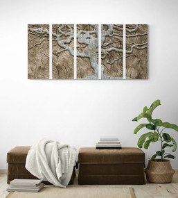 5-dílný obraz abstraktní strom na dřevě v béžovém provedení - 200x100 cm