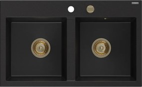 Mexen Hektor, 2-komorový granitový dřez 800x480x205 mm, černá, zlatý sifon,- 6521802000-77-G