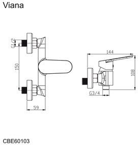 Mereo Sprchová nástěnná baterie, Viana, bez příslušenství, 15cm, chrom