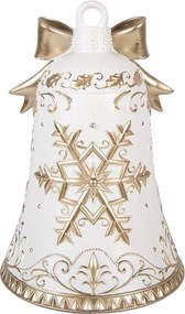 Bílo-zlatý dekorační zvonek s vločkou a mašlí - Ø 18*26 cm