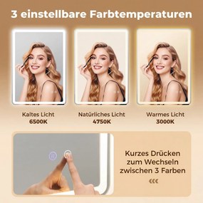 Costway Koupelnové zrcadlo s LED osvětlením a nástěnné zrcadlo – 70 × 50 × 3 cm