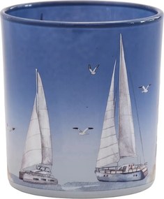 Modrý skleněný svícen s plachetnicí S - Ø 7*8 cm