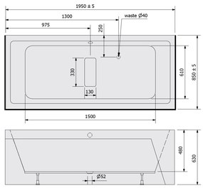 Polysan MARLENE D MONOLITH obdélníková vana 195x85x63cm, bílá, 78731MD