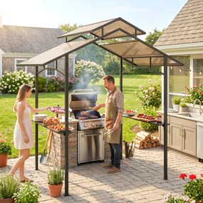 Outsunny Altánek na gril s ohnivzdornou střechou, BBQ altánek se 2 policemi, 2,5 x 1,5 m, ocelový, PC, Černá + Hnědá
