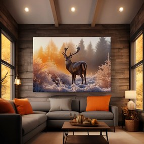 Obraz na plátně - Nádherný jelen v mrazivém slunečném ránu FeelHappy.cz Velikost obrazu: 180 x 120 cm