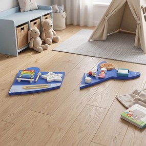 AIYAPLAY Montessori motorická deska 13v1 dřevěné Busy Board ve tvaru velryby, nástěnně montovaná herní deska s xylofonem, hodinami a ozubenými koly