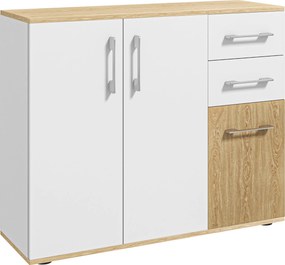HOMCOM Moderní Boční Skříň do Obývacího Pokoj, Kuchyně s 2 Zásuvkami, 2 Skříňkami a Nastavitelnými Policemi 90x30x75,5 cm Bílá a Přírodní | Aosom