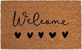 Hnědá kokosová rohožka se srdíčky Welcome - 75*45*1 cm