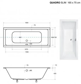 Hopa Quadro Slim obdélníková vana 165 x 75 cm akrylát bílá VANQAUD165SLIM