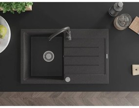 Mexen Bruno, 1-komorový granitový dřez s odkapávačem 80x50 cm a kuchyňskou baterií Telma, černá-skvrnitá, 6513-76-670200-76