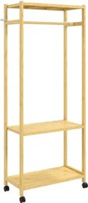 HOMCOM volně stojící věšák s tyčí, policemi a 4 kolečky z bambusu, 70x35x175 cm, přírodní dřevo