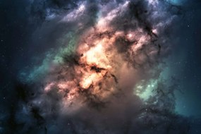DIMEX | Samolepicí vliesová fototapeta na zeď Temný vesmír MA-5-2322 | 375 x 250 cm | modrá, černá, oranžová, šedá