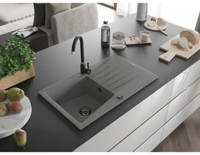 Mexen Cesar, granitový dřez 775x470x190 mm, 1-komorový, šedá s černým sifonem, 6514771010-71-B