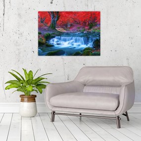 Skleněný obraz vodopádu v červeném lese (70x50 cm)