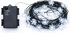 LED světýlka na baterie, vločky, 5,3 m, ledově bílá, 50 diod, zelený drátek, IP44 venkovní, 3 × AA