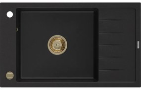 Mexen Elias 1-miskový granitový dřez s odkapávačem 795 x 480 mm, Černá, sifon Zlatá - 6511791005-77-G