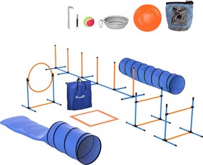 PawHut Agility set pro psy 11dílné agility vybavení pro psy se 2 tunely Výškově nastavitelný skákací kruh a překážky Slalomová tyč