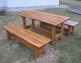 KULHÁNEK Zahradní dubová sestava - stůl, 2x lavice bez opěradla (rustikální provedení) (délka: 120 cm, olej massaranduba)